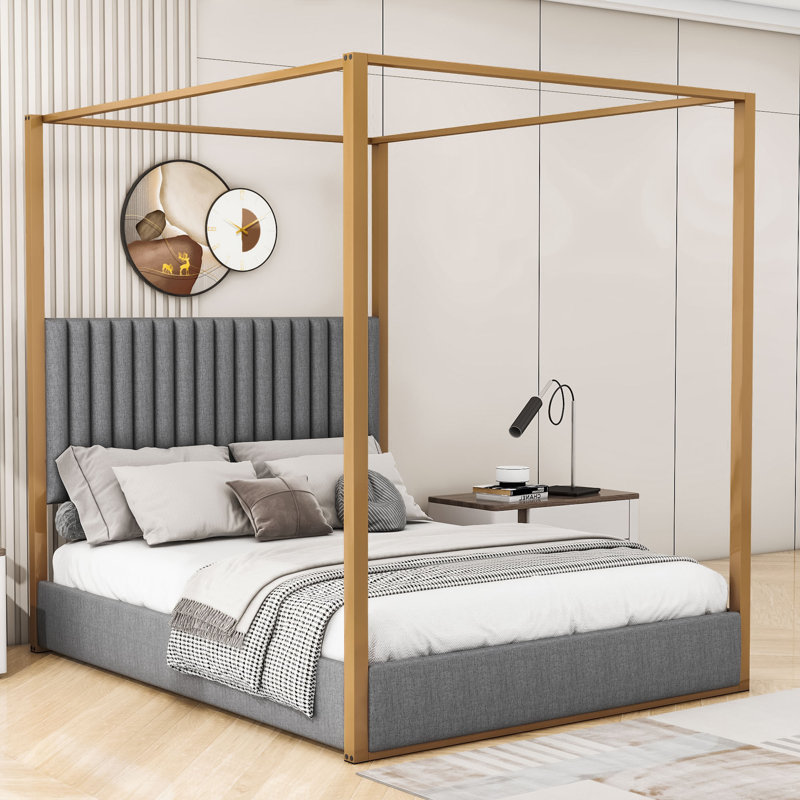Mercer41 Zara Queen Size Linen Upholstery Canopy Bed With Headboard And